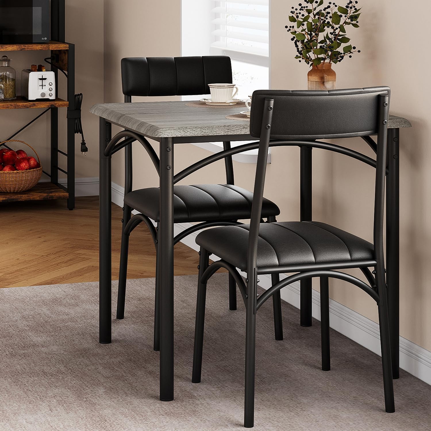 Homhougo Dining Set for 2, Square Table with Upholstered Chairs, Retro ...