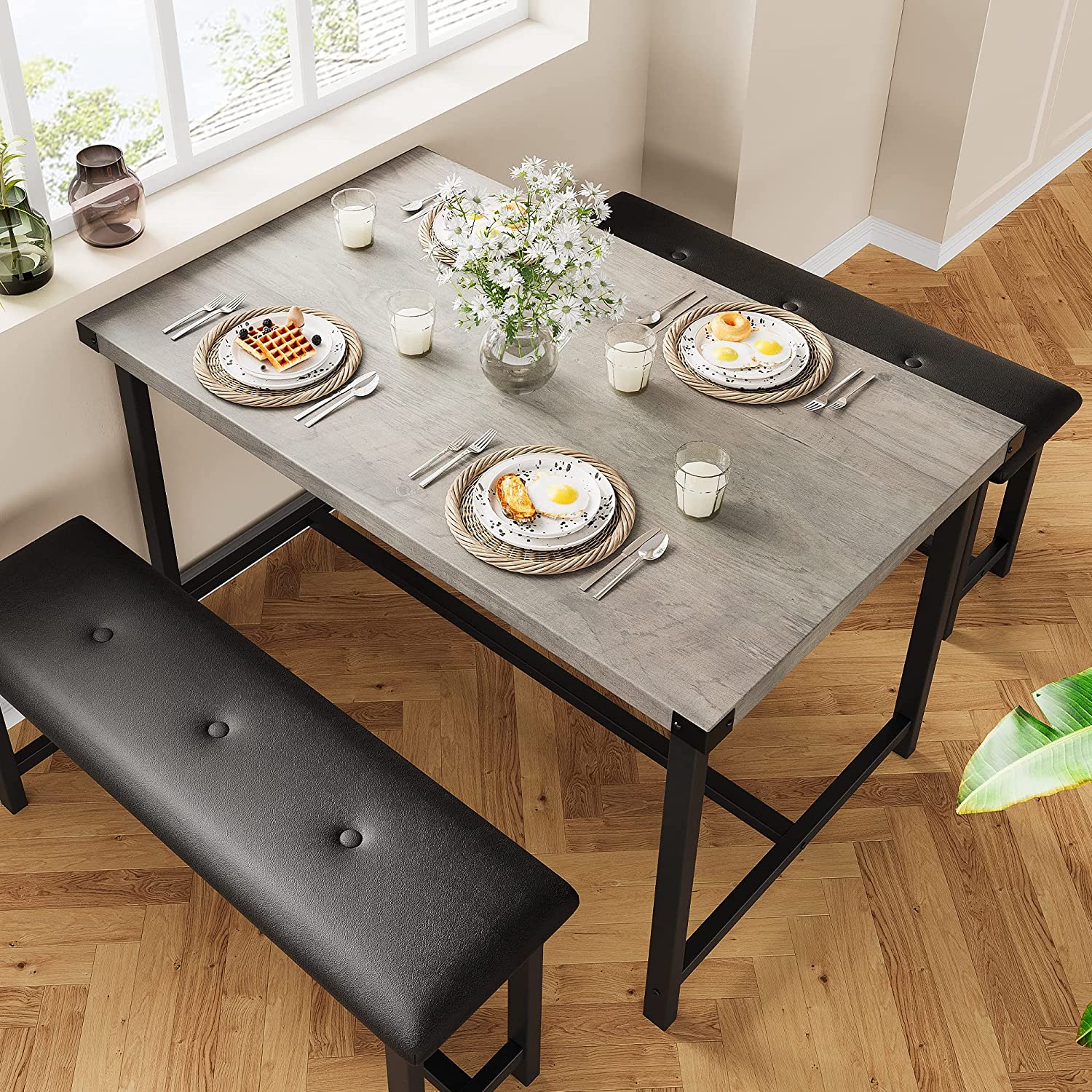 Homhougo-Dining Table Set for 4, Kitchen Table with Benches ...