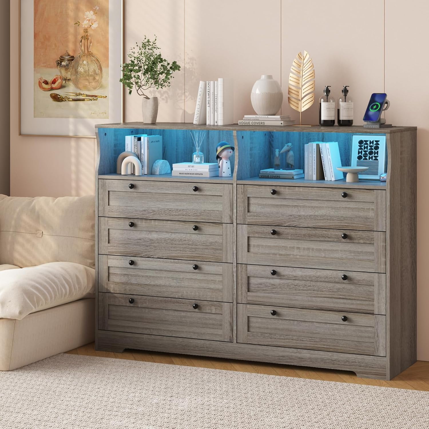 Homhougo Dresser with 8 Drawers, Wood Bedroom Dresser with Charging ...