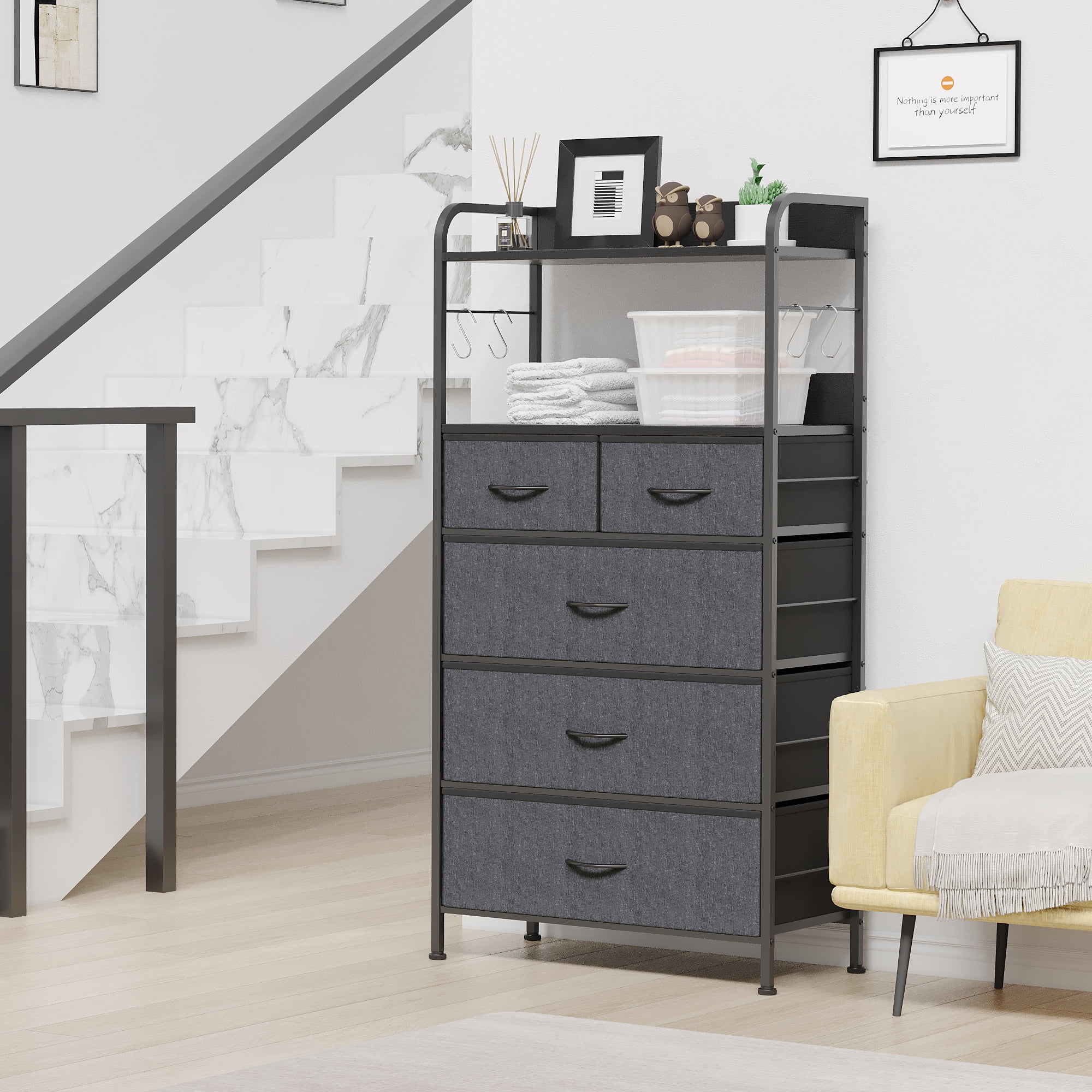 Homhougo Dresser for Bedroom with 5 Fabric Drawers, Chests of Drawers ...