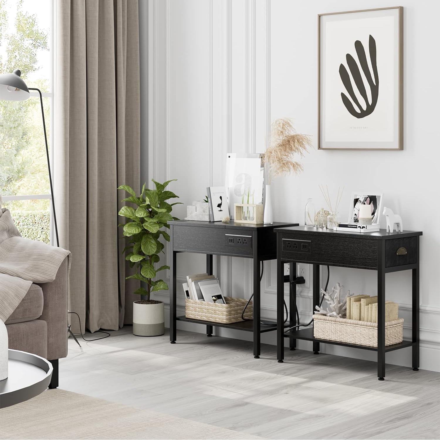 Homhougo—End Table Set of 2, Black Side Table with Charing Station ...