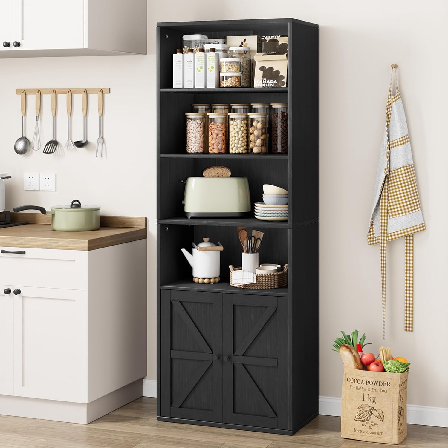 Homhougo Farmhouse Bookcase with Doors 71.4in Tall Bookshelf 11.8in ...