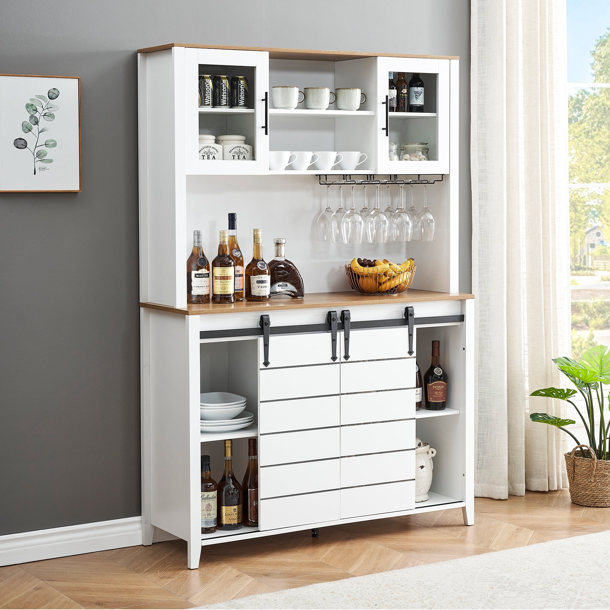 Homhougo Farmhouse Coffee Bar Cabinet with Storage, 70" Tall Buffet ...