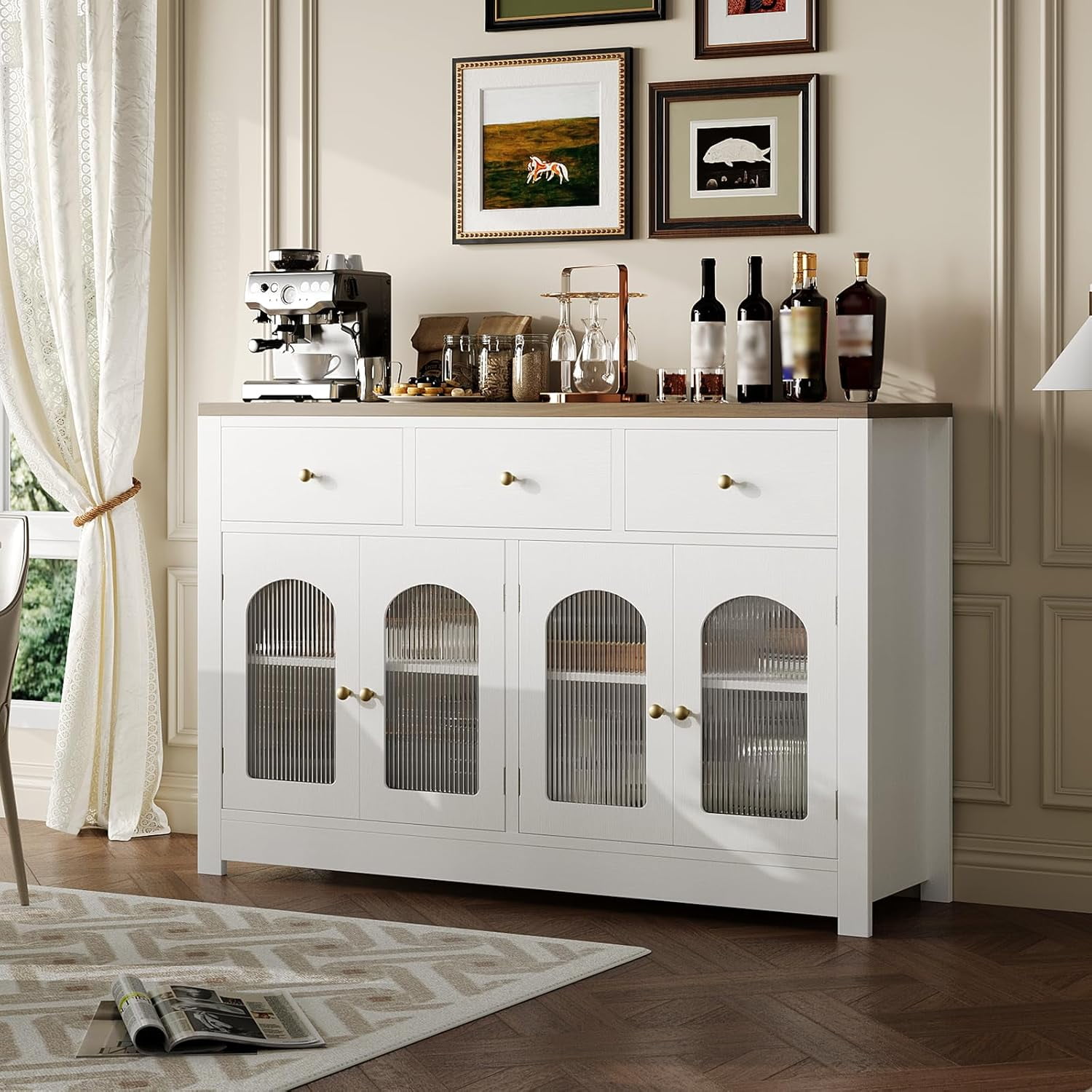 Homhougo Farmhouse Large Buffet Sideboard Cabinet with 4 Doors & 3 ...