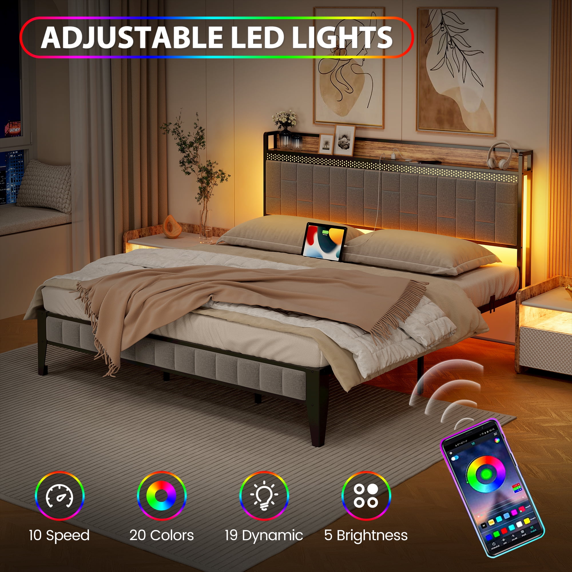 Homhougo—Full Bed Frame with Charging Station, LED Bed Frame with ...