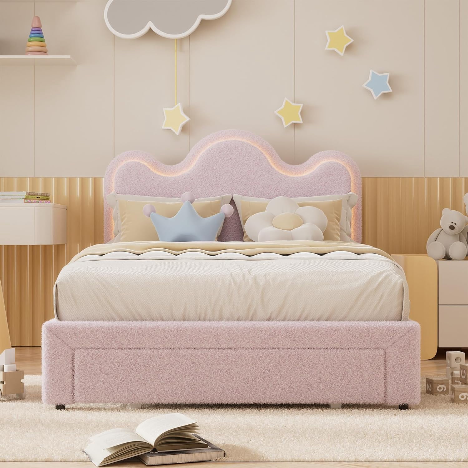 Homhougo Full Bed Frames Boucle Full Beds Cute Platform Bed Frame for ...