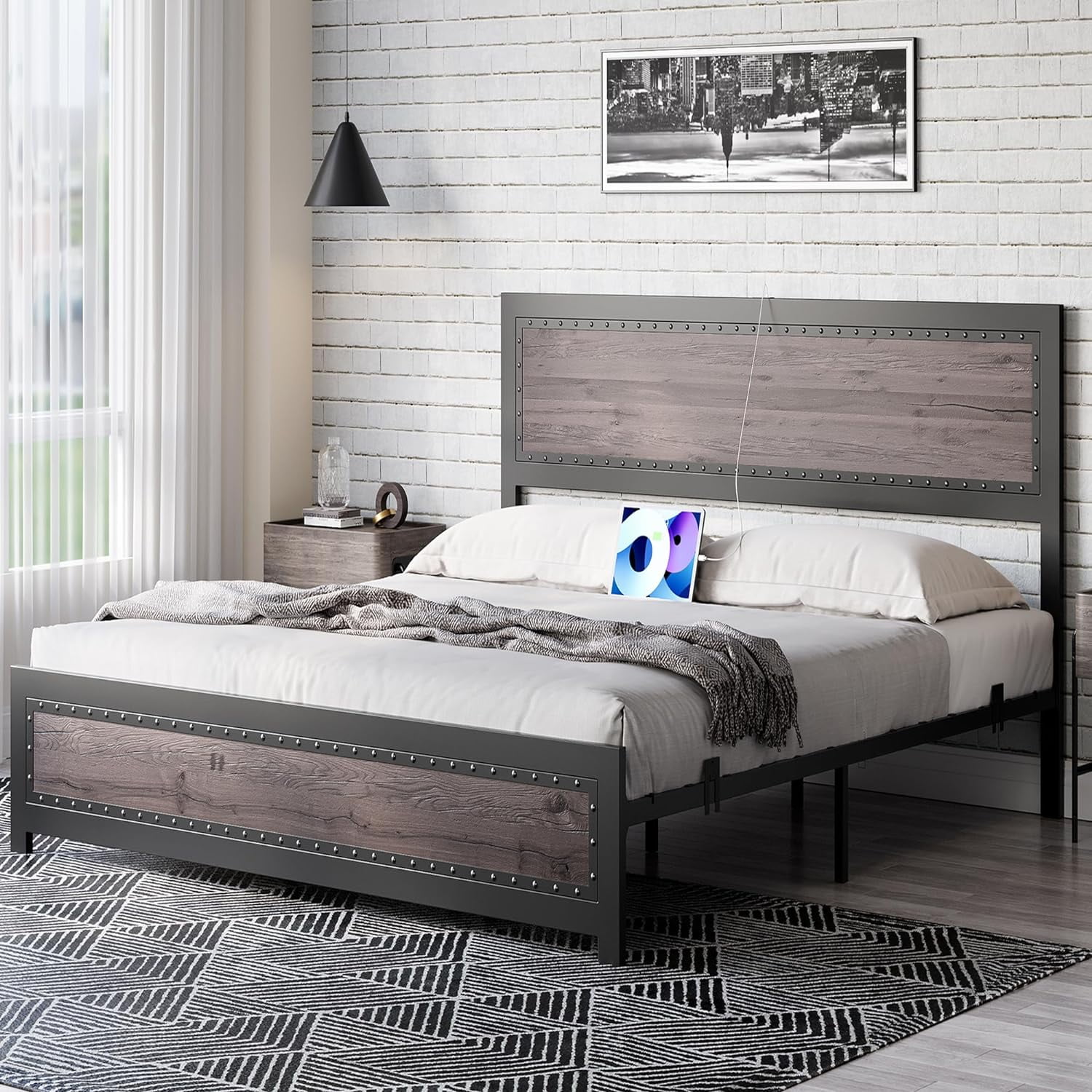 Homhougo—Full Size Bed Frame with Headboard, Industrial Platform Bed ...