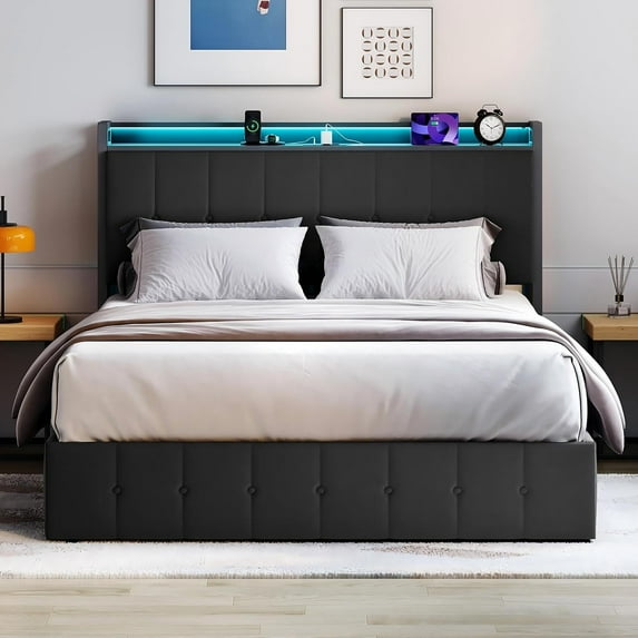 Homhougo Full Size Upholstered Velvet Bed Frame with RGB LED Lights ...