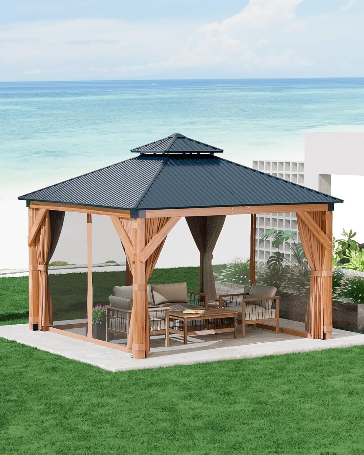 Homhougo Hardtop Spruce Wood Gazebo 12'x12', with Double Roof of Metal ...