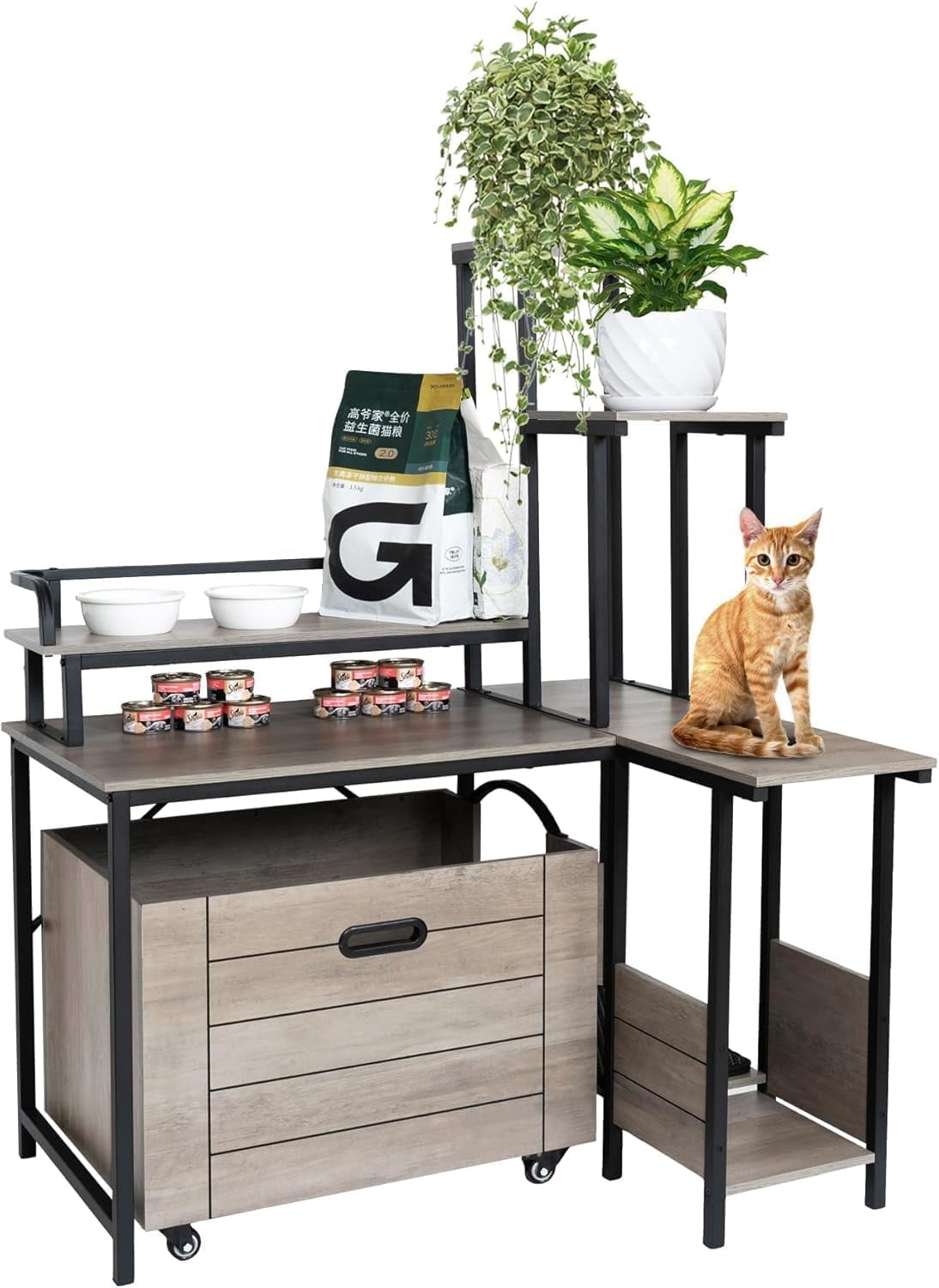 Homhougo Hidden Litter Box Furniture with Flower Stand Corner Wooden ...