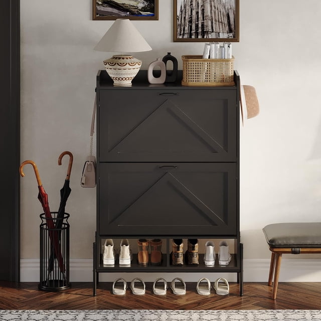 Homhougo Hidden Shoe Storage Cabinet with 2 Flip Drawers, Adjustable ...