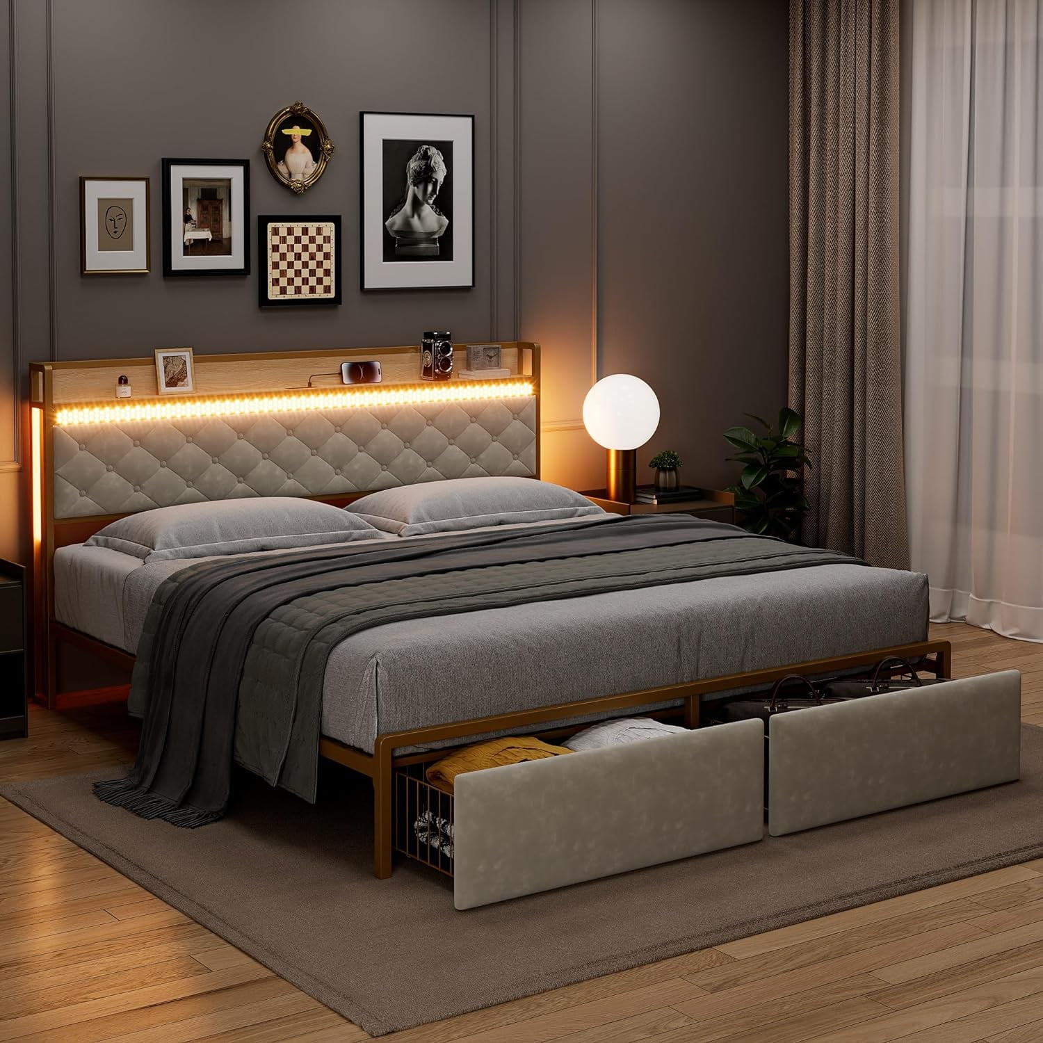 Homhougo—King Bed Frame with RGB LED Lights Headboard & 2 Storage ...