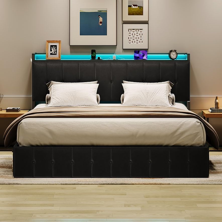 Homhougo King Size Upholstered Velvet Bed Frame with RGB LED Lights ...