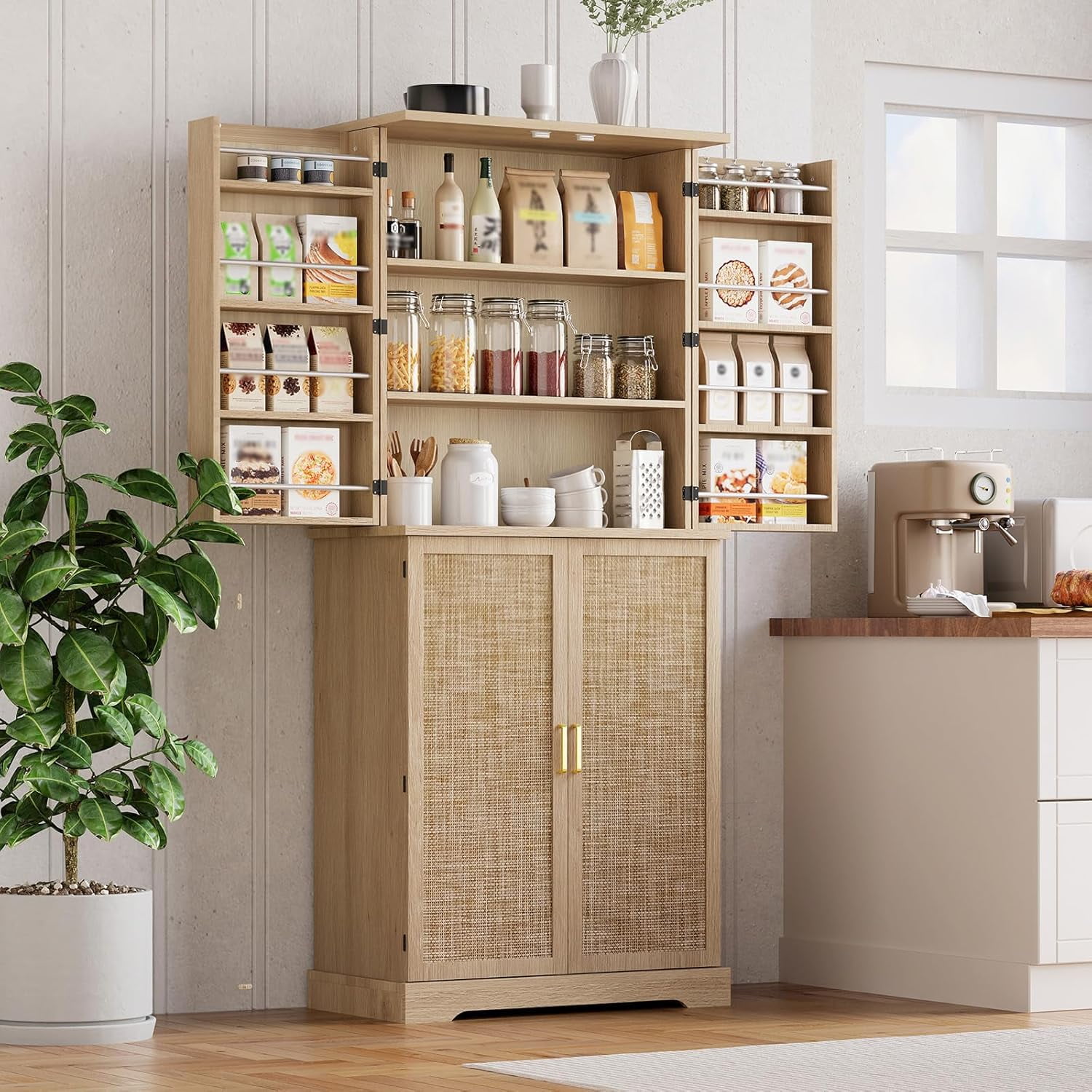 Homhougo Kitchen Pantry with Rattan Doors, 72" Tall Farmhouse Pantry ...