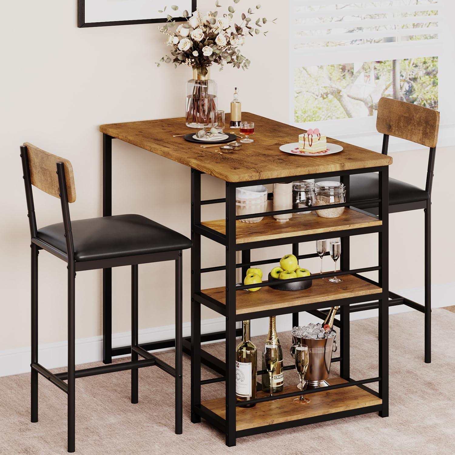 Homhougo Kitchen Table Set, Dining Table and Chairs for 2 with Storage ...
