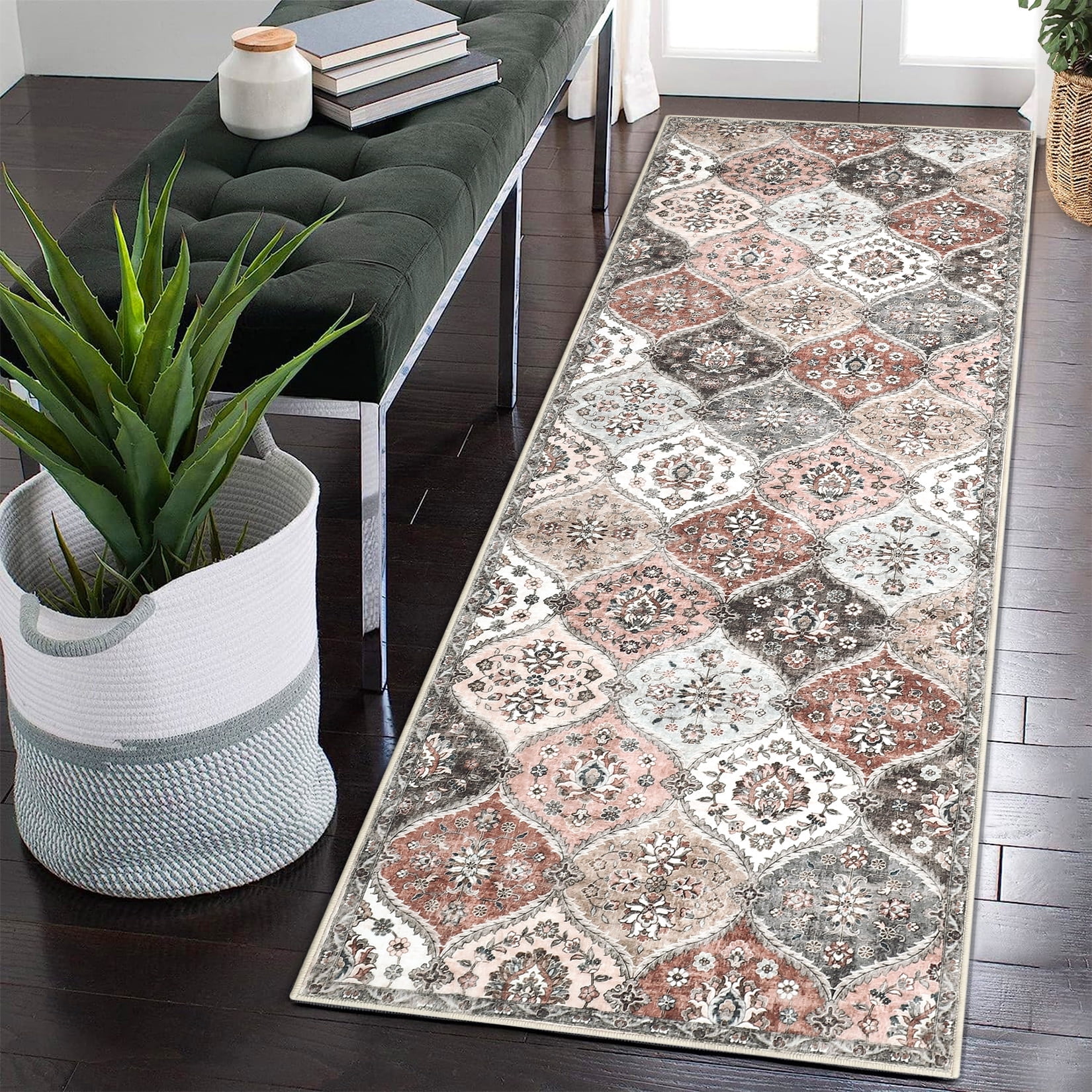 Homhougo—Long Runner Rug 2x6 Washable Floral Print Rug Moroccan Trellis ...
