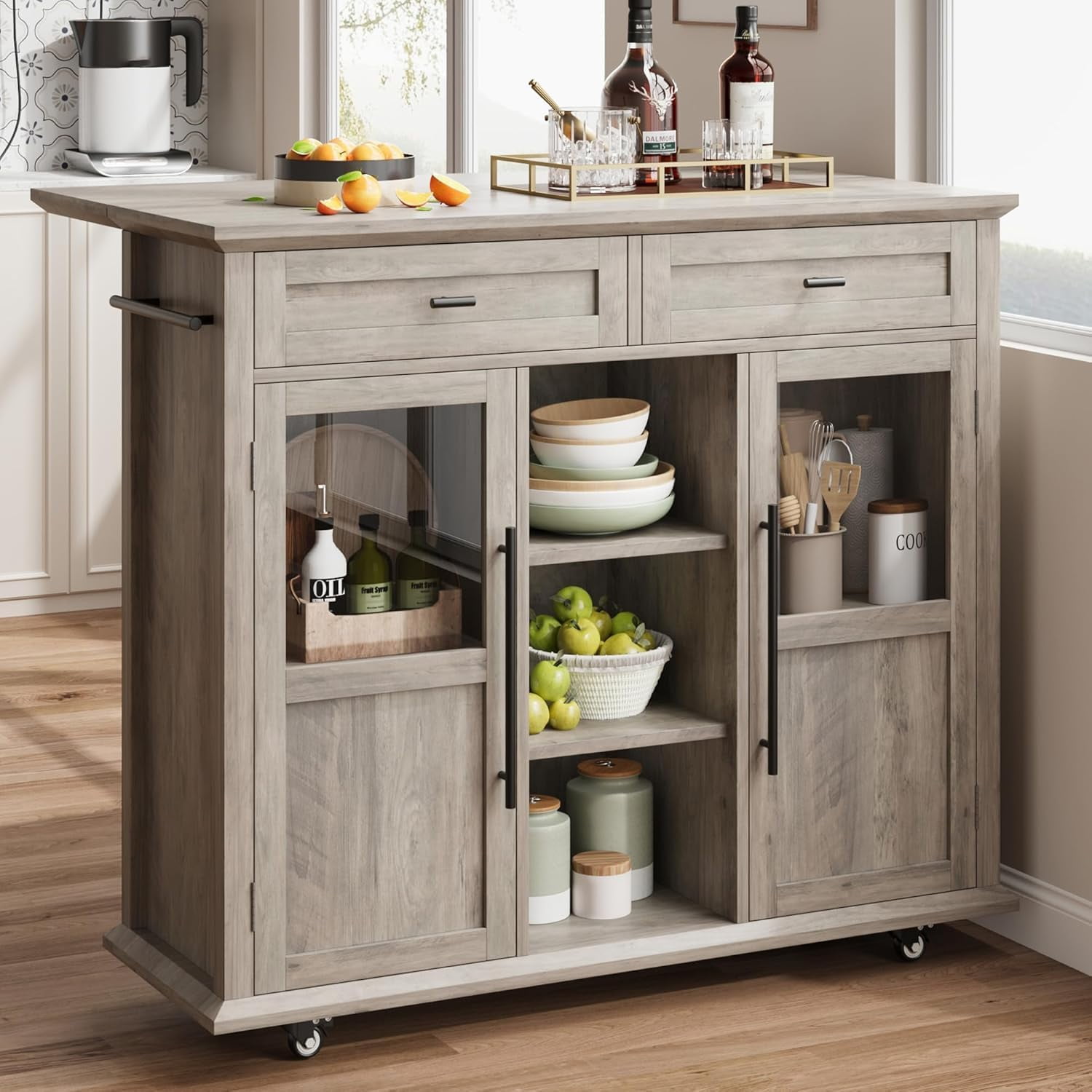 Homhougo Mobile Kitchen Island Car with Wheels, 2 Glass Door Cabinets ...