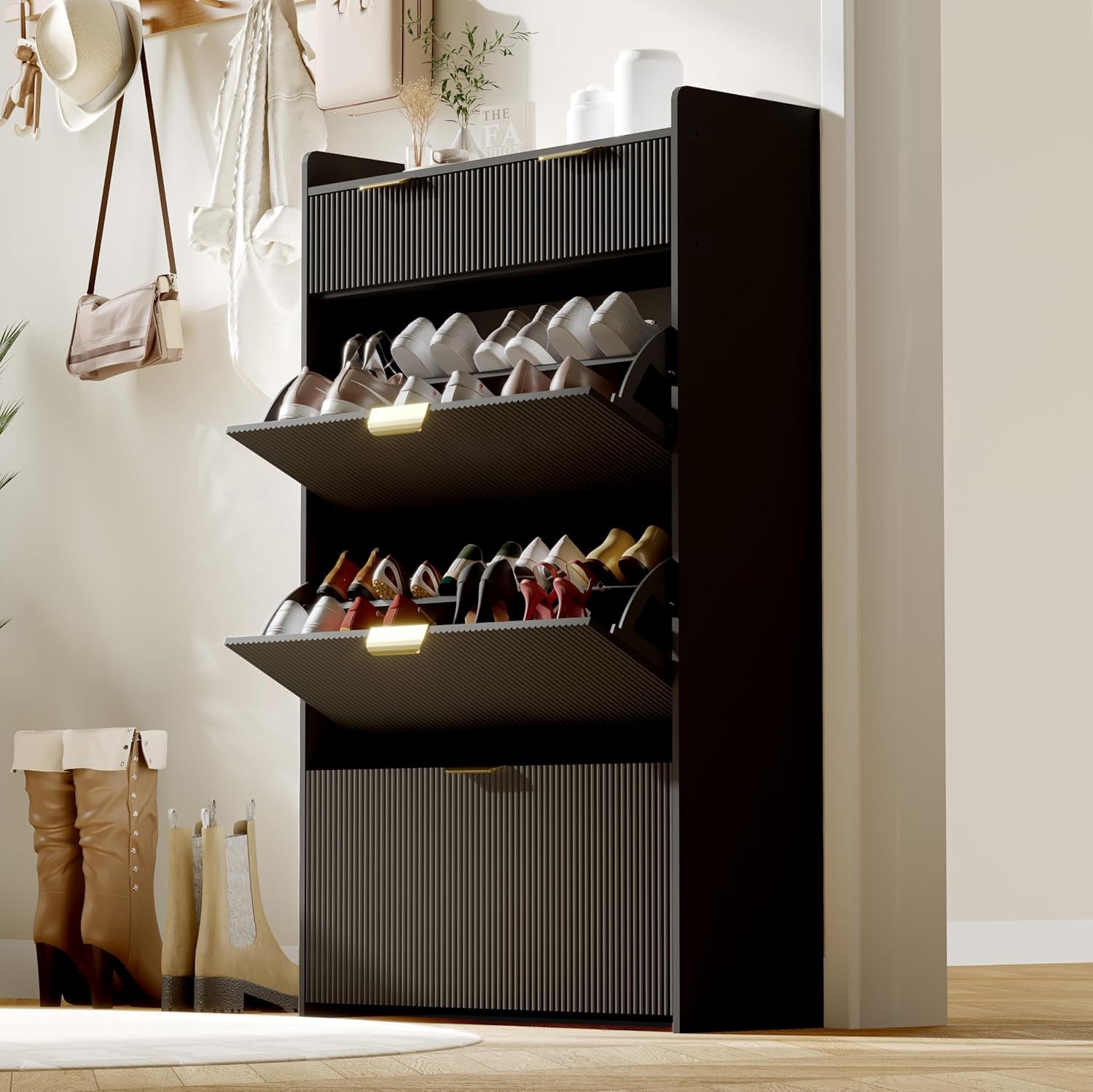 Homhougo Modern Black Fluted Shoe Storage Cabinet with 2 Flip Drawers ...
