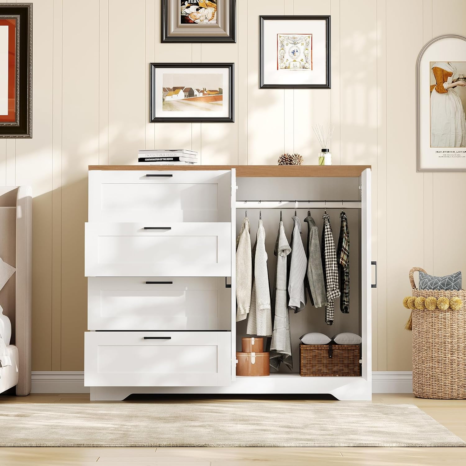 Homhougo Multifunctional Wooden Dresser with Hanging Rod, 43.3'' Tall 2 ...