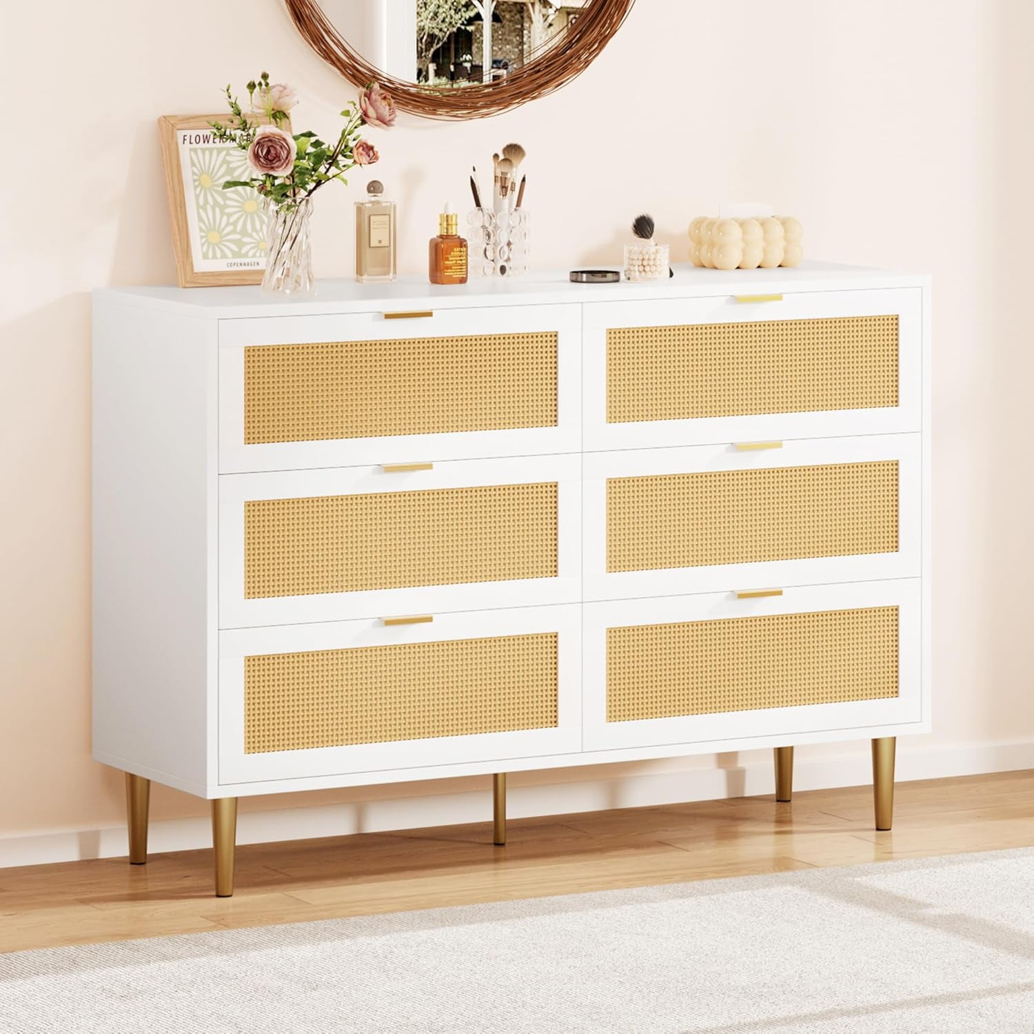 Homhougo Natural Rattan 6 Drawer Dresser for Bedroom, Modern Chest of ...