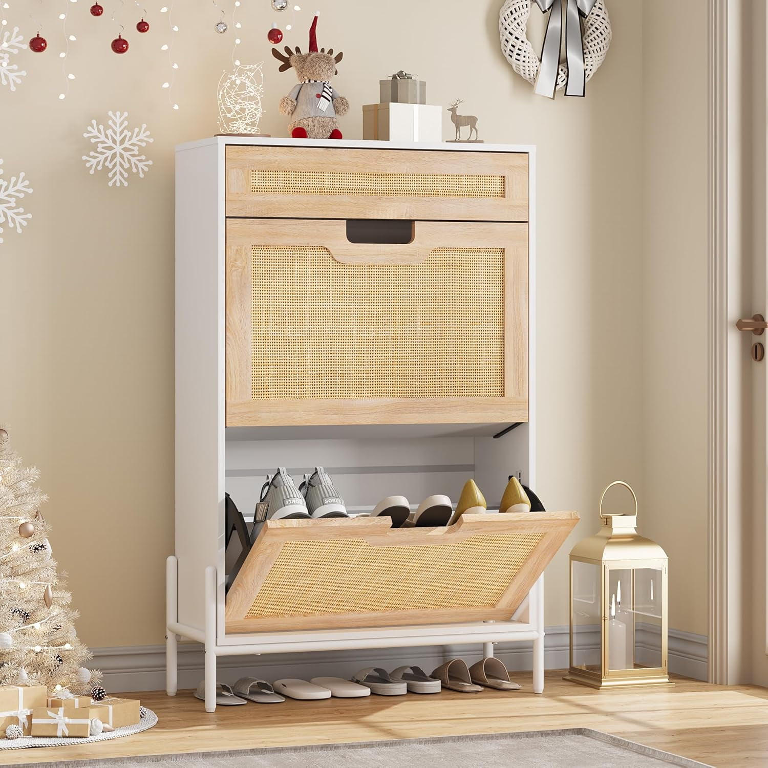 Homhougo Natural Rattan Shoe Cabinet, 2 Flip Door Freestanding Shoe ...