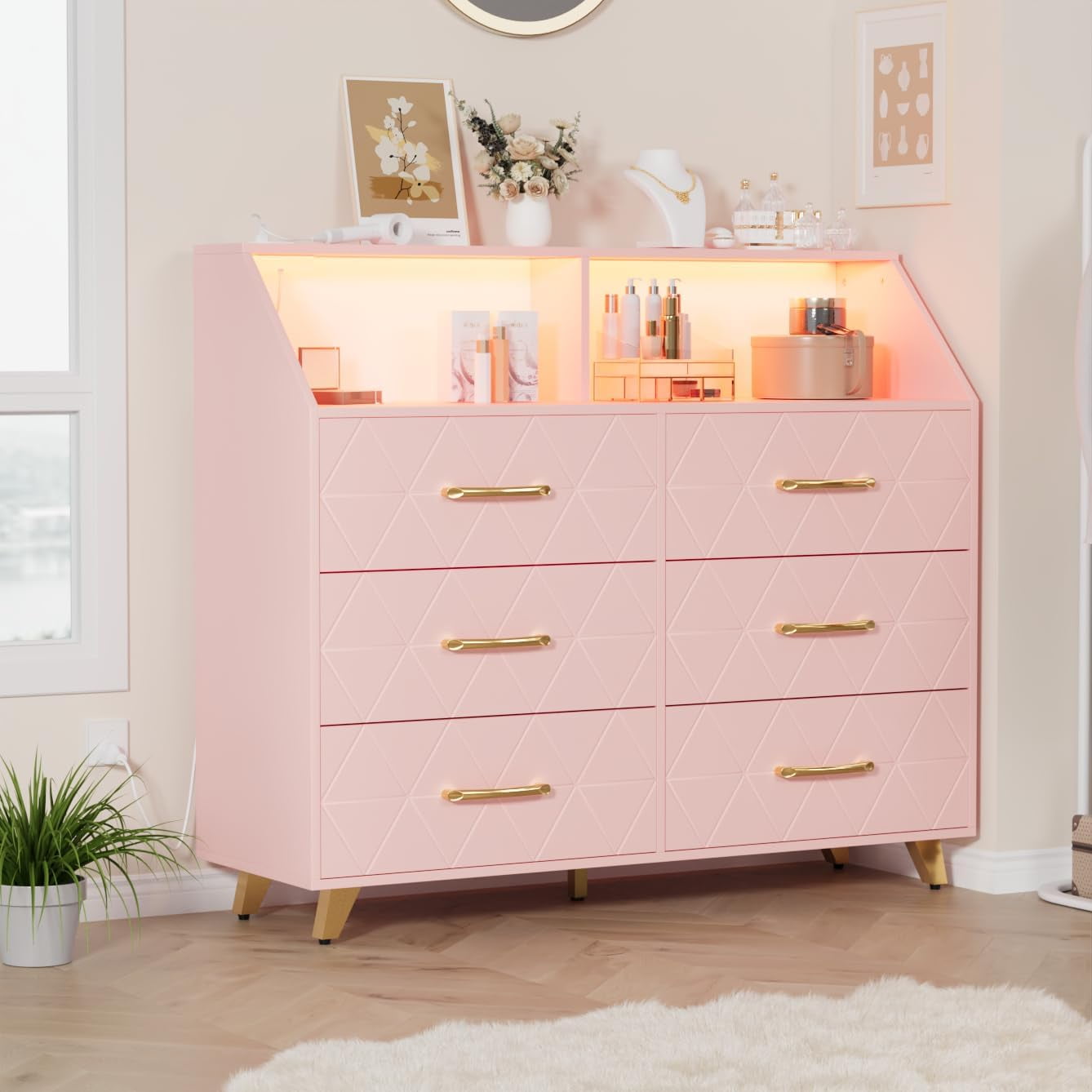 Homhougo Pink Bedroom Dresser with LED Lights & Charging Station, Wood ...