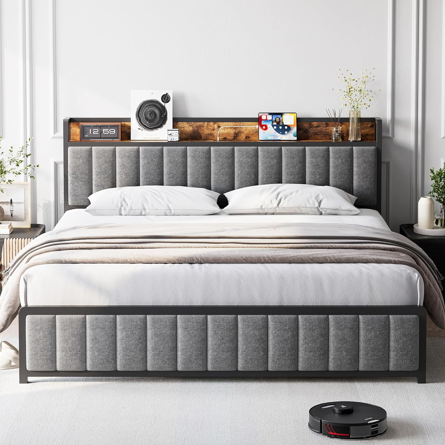 Homhougo Queen Bed Frame with Storage Headboard and Charging Station, Strong Steel Slats Support ...