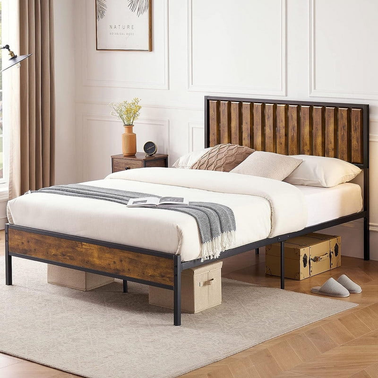 Homhougo—Queen Bed Frame with Wood Headboard, Platform Metal Bed Frame ...