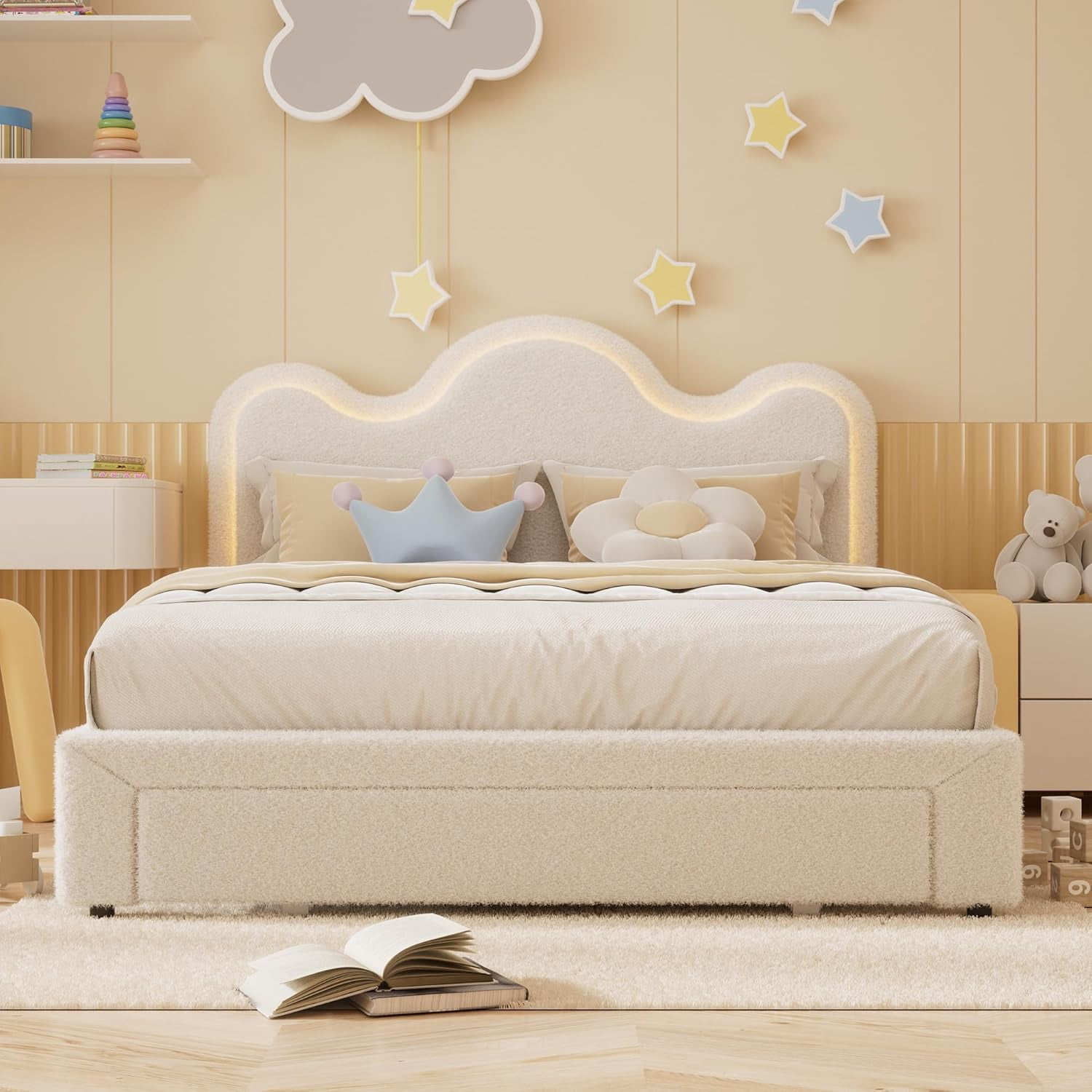 Homhougo Queen Bed Frames Boucle Queen Beds Cute Platform Bed Frame for ...