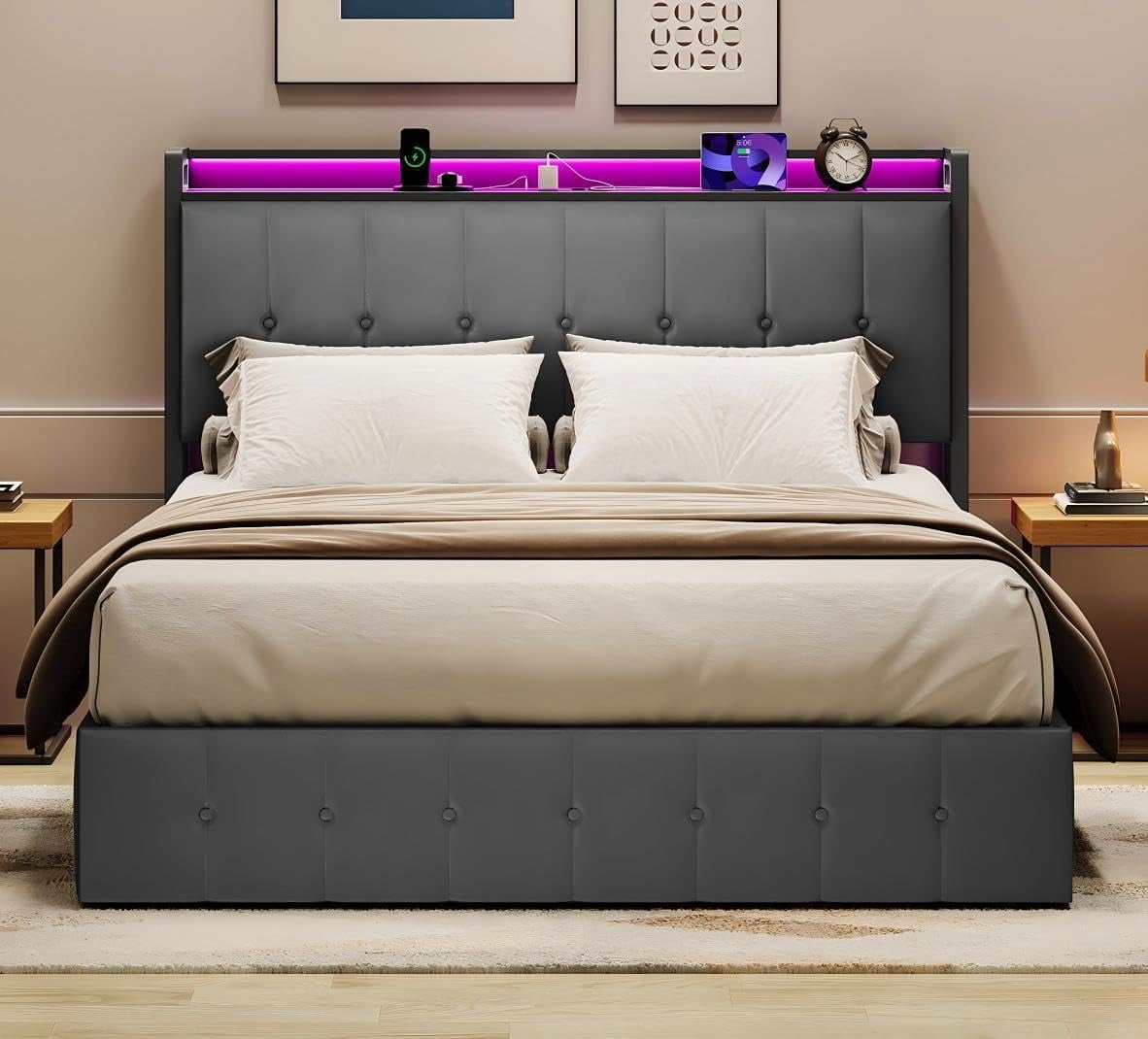 Homhougo Queen Size Upholstered Velvet Bed Frame with RGB LED Lights ...