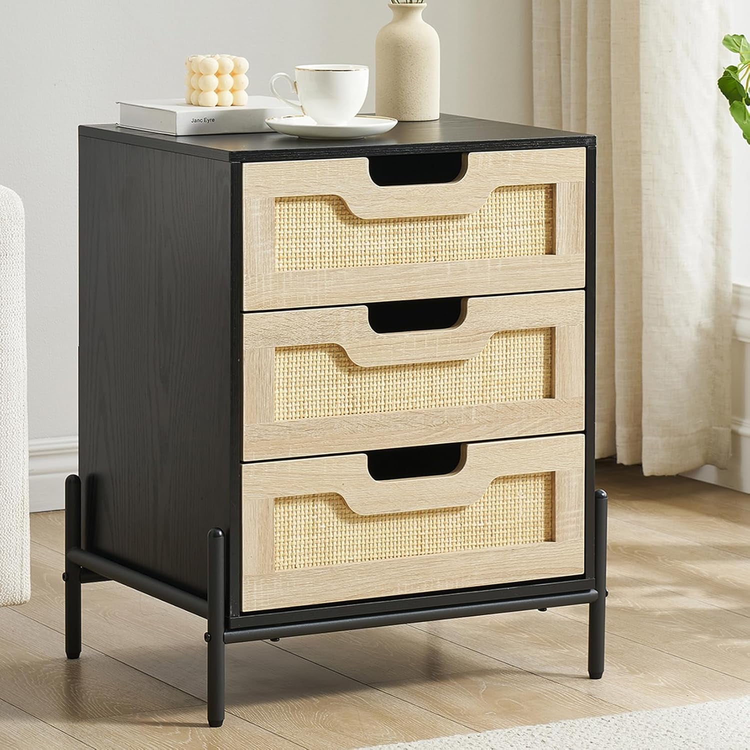 Homhougo Rattan Nightstand, 3 Rattan Drawers Storage, Black Night Table ...
