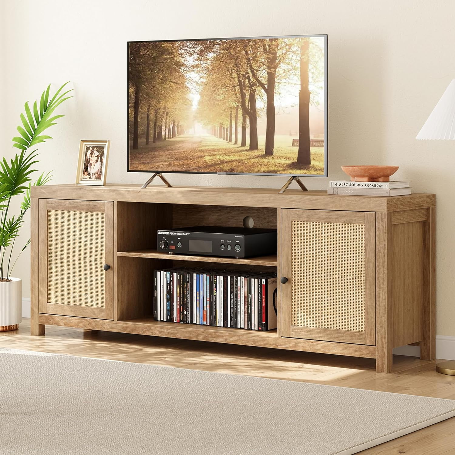 Homhougo Rattan TV Stand for 75 Inch, Boho Entertainment Center with ...