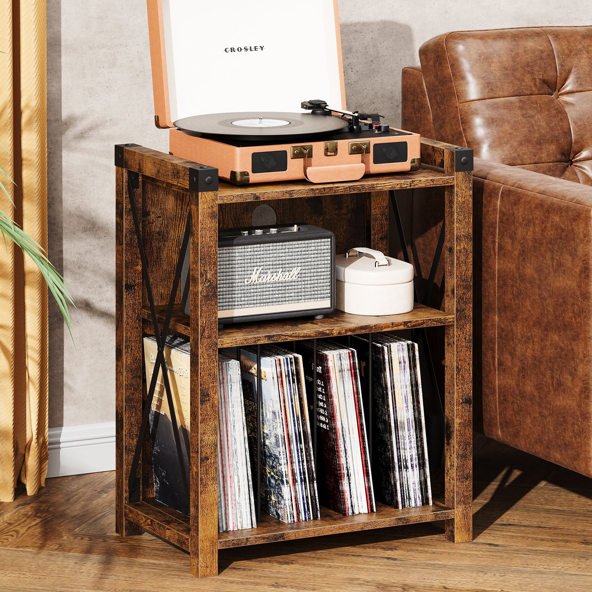 Homhougo Record Player Stand with Storage, Farmhouse Wooden Turntable ...
