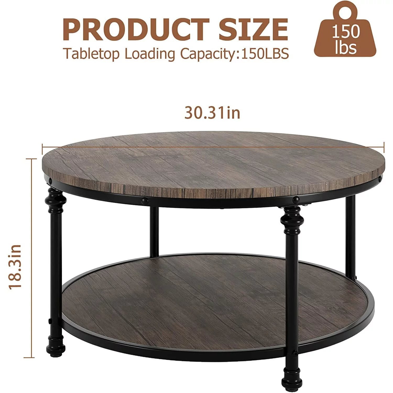 Homhougo Rustic Round Coffee Table for Living Room, 2 Tier Industrial ...
