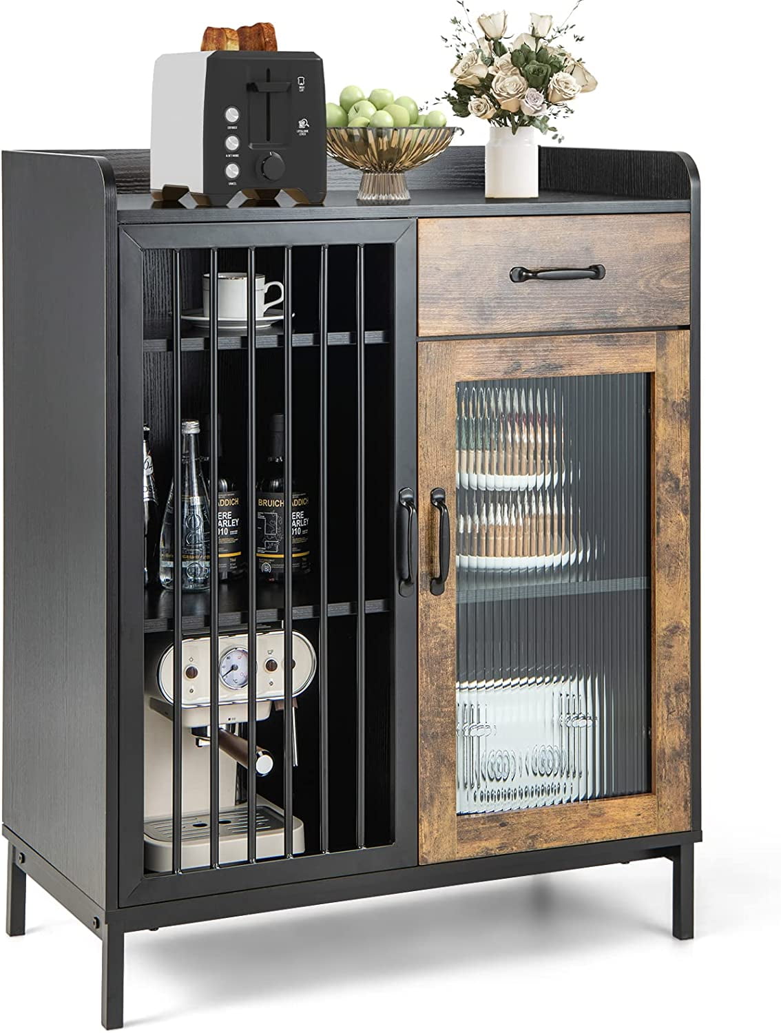 Homhougo Sideboard with Drawer, Glass Cabinet and Barrier Cabinet with ...