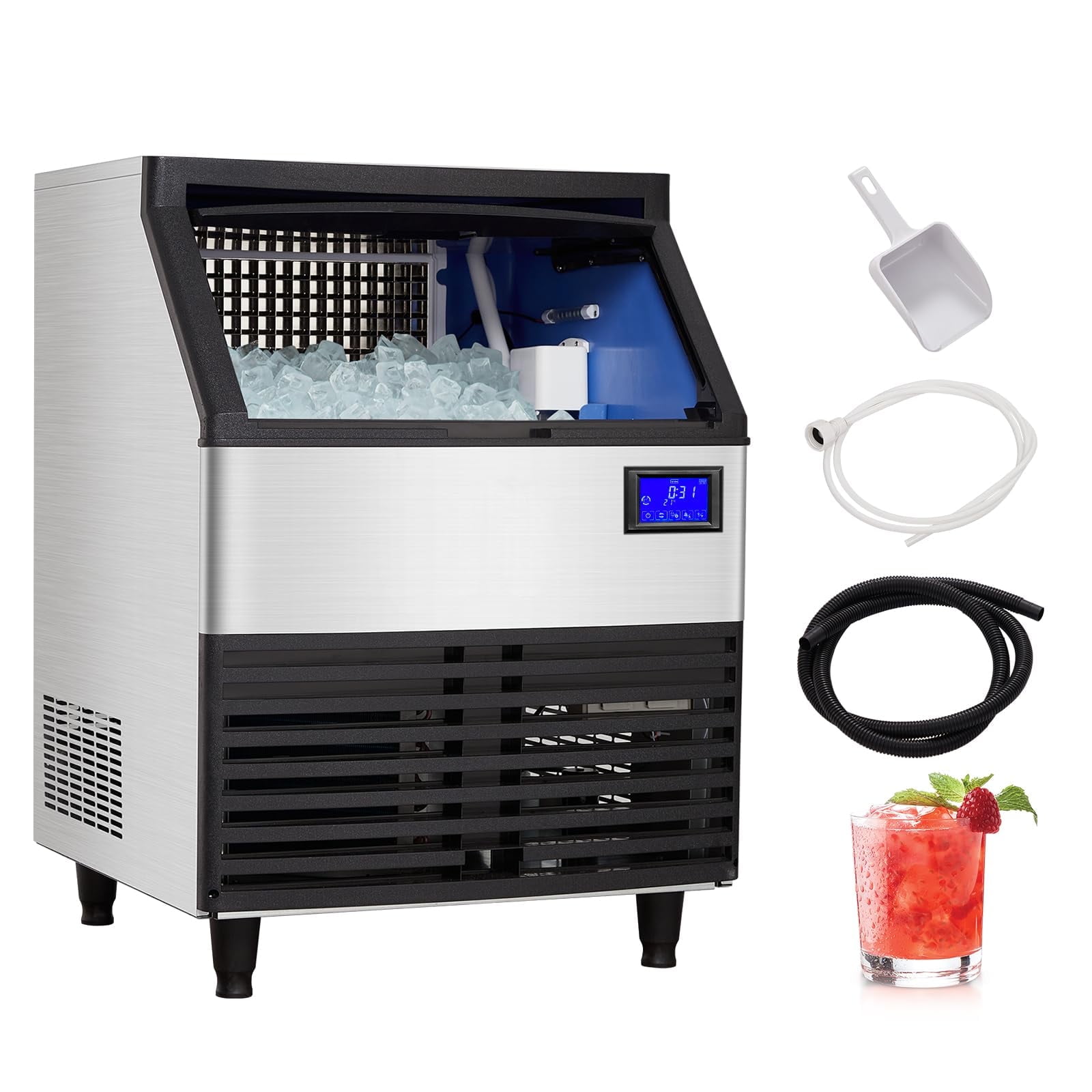 Homhougo Commercial Ice Maker 176lbs/24h with 99 lbs Storage 5x20 Cubes ...
