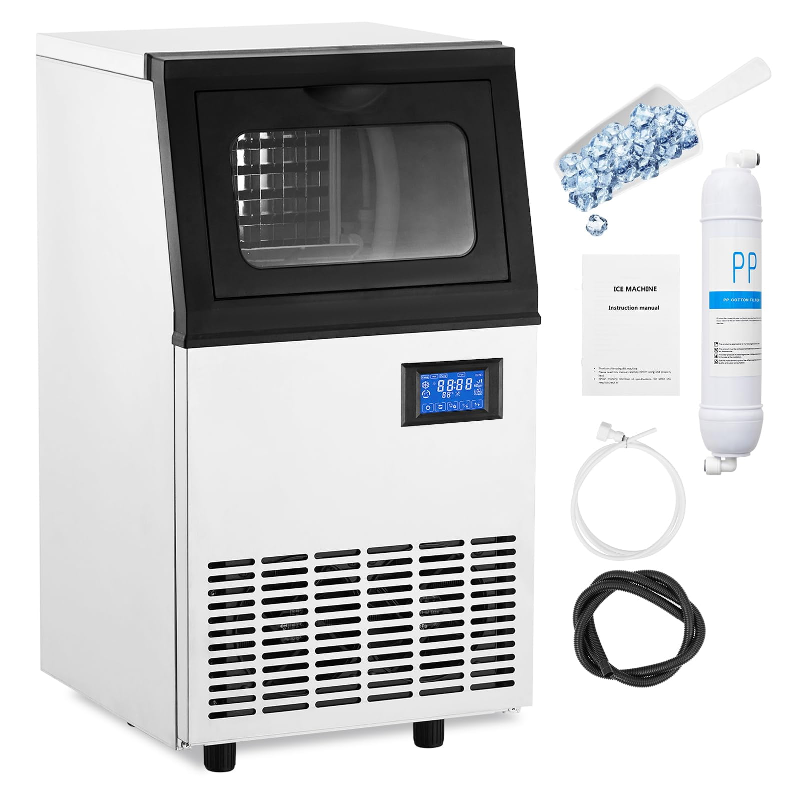 Homhougo Commercial Ice Maker 72lbs/24h with 20 lbs Storage 4x9 Cubes ...
