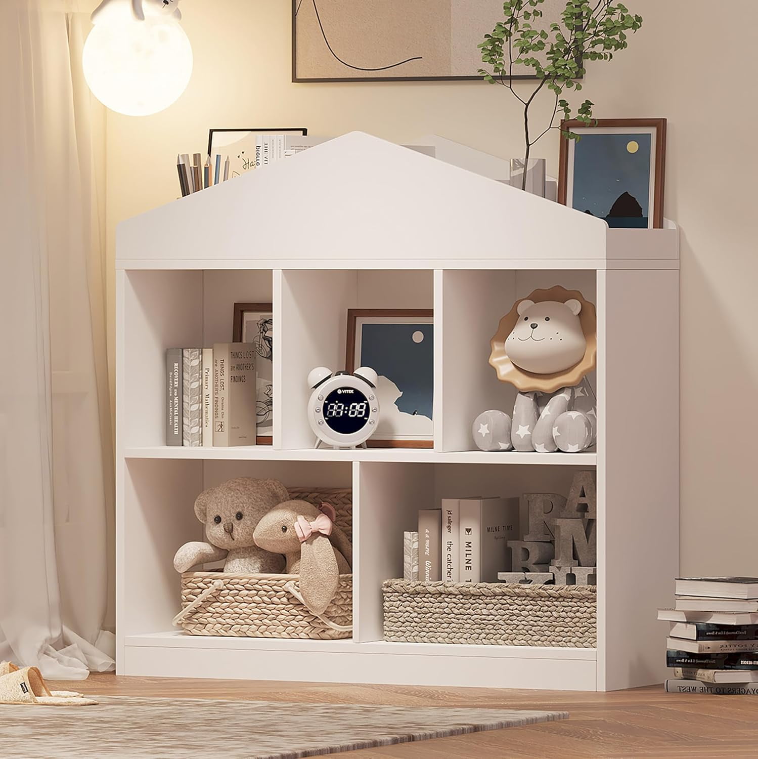 Homhougo Toy Storage Organizer 5-Cubby Kids Bookshelf White Bookcase ...