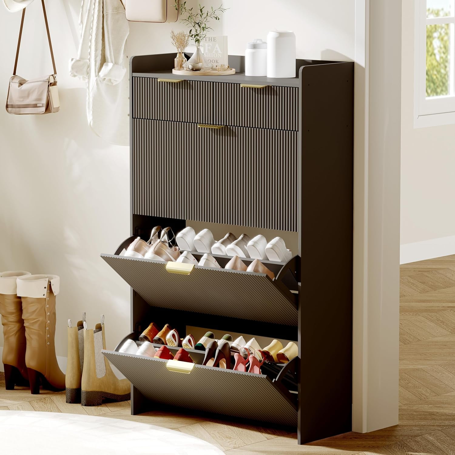 Homhougo Wave Design Shoe Cabinet with 3 Slip Drawers, 2 Drawers ...