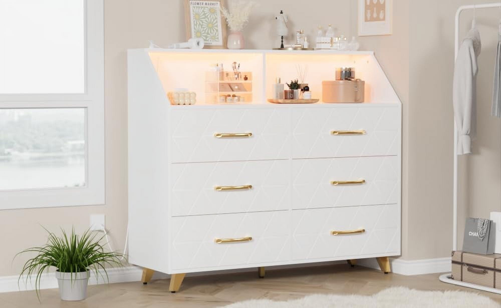 Homhougo White Bedroom Dresser with LED Lights & Charging Station, Wood ...