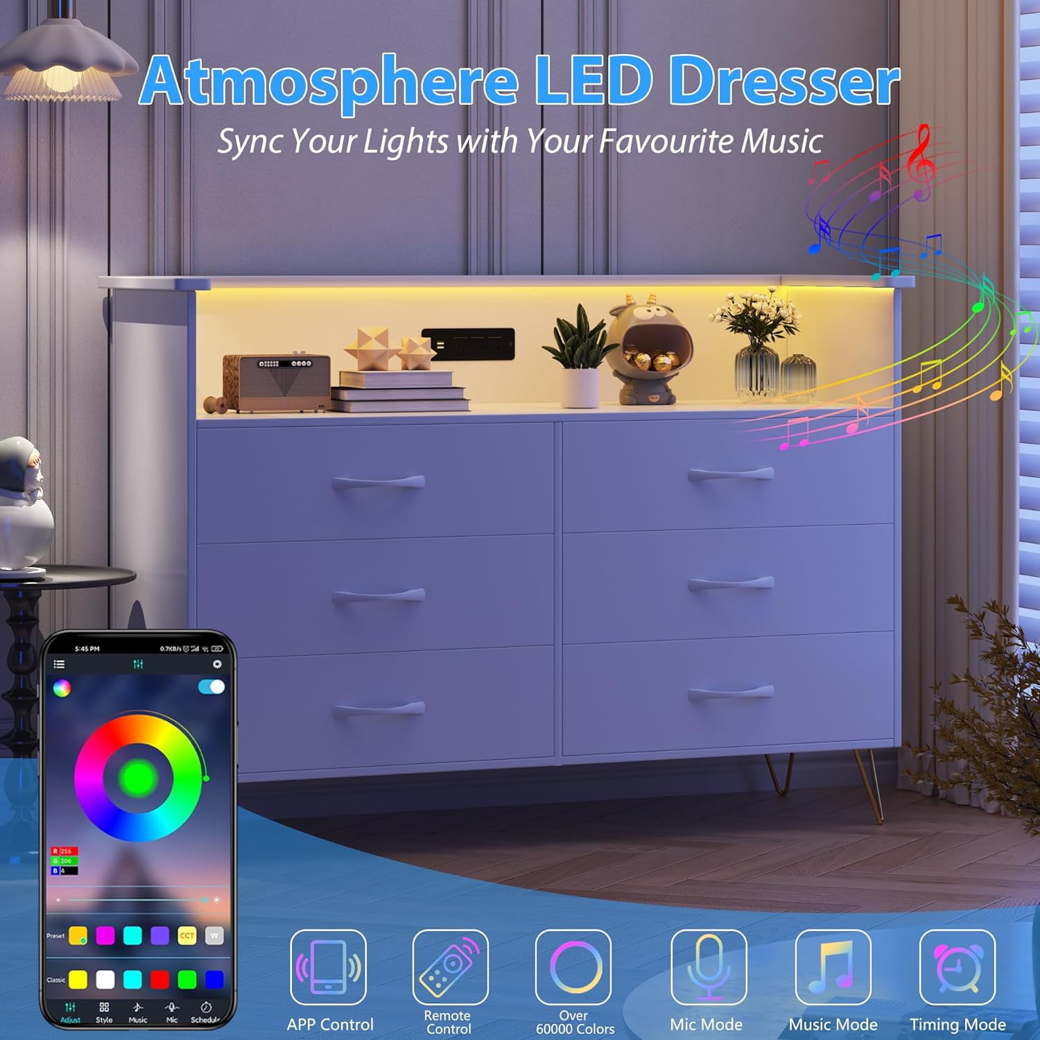 Homhougo—White Dresser with LED Light for Bedroom 6 Drawer, Wooden ...