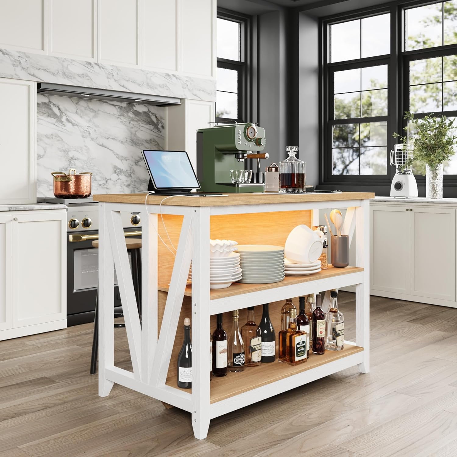 Homhougo Wooden Kitchen Island with Storage, Power Outlet & LED Lights ...