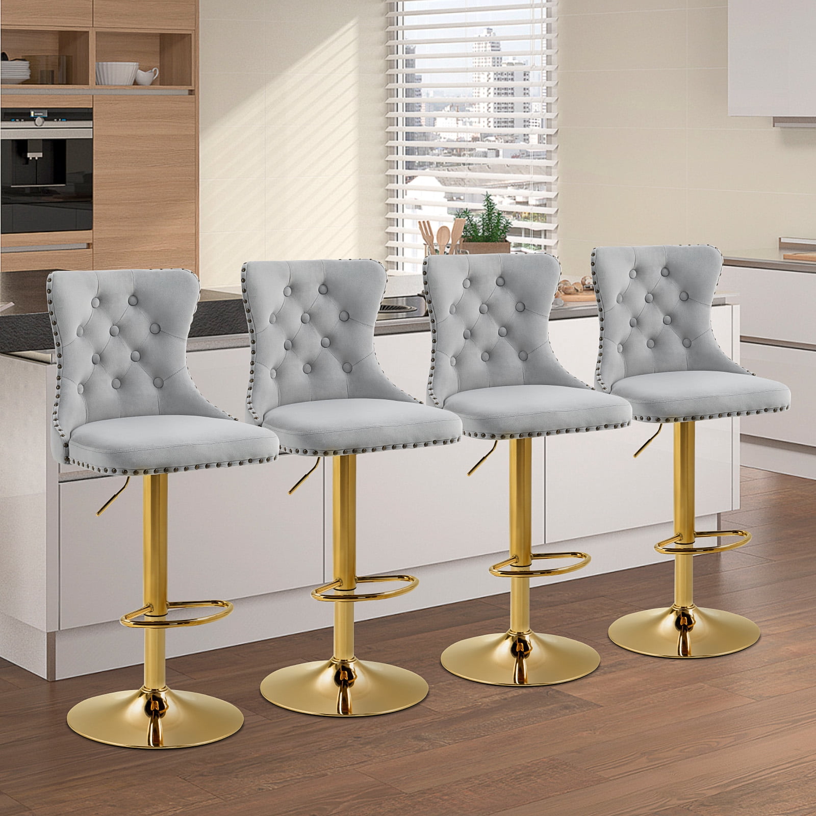 Homhum 360° Swivel Bar Stools Set of 4, Button Tufted Island Stools ...