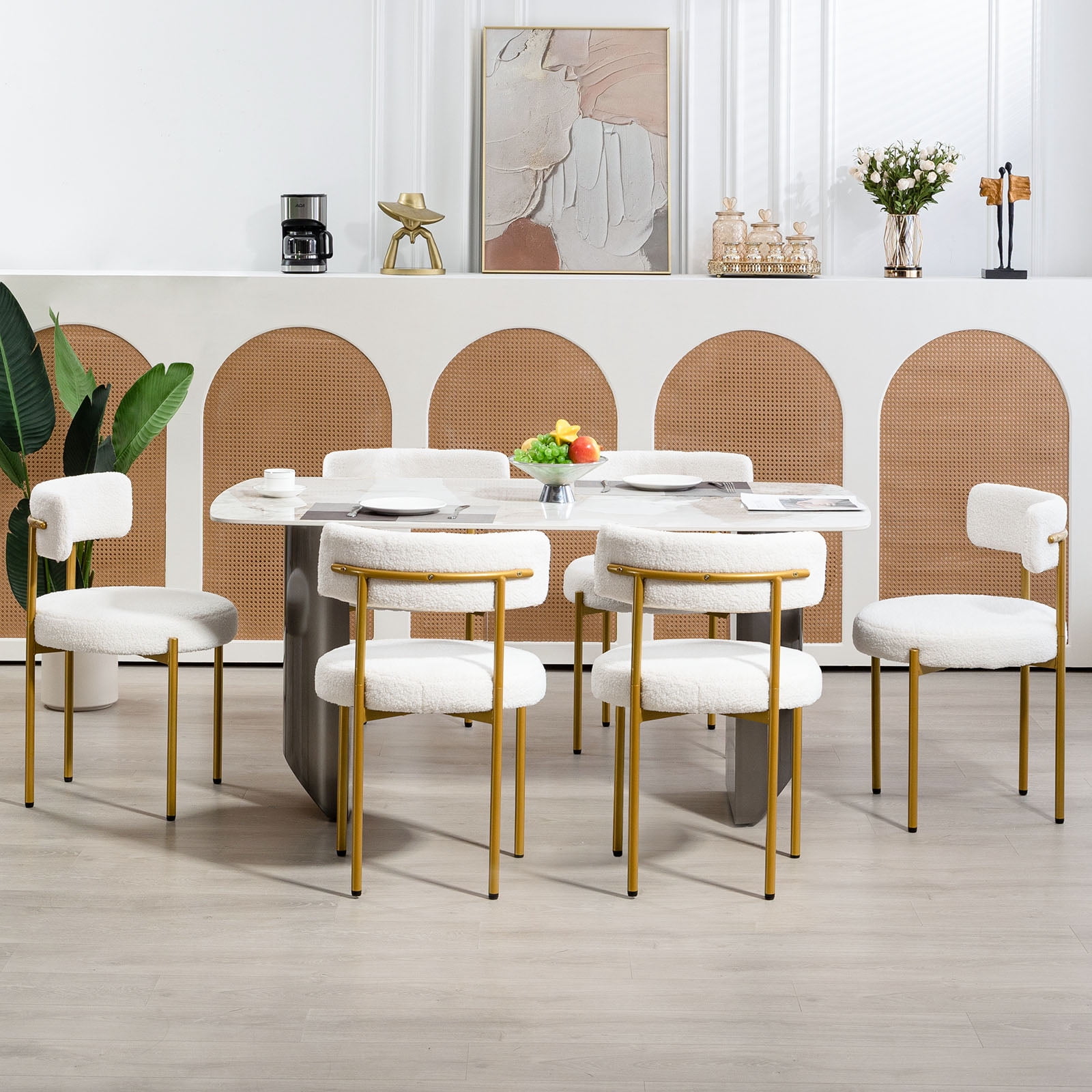 Homhum Mid-Century Modern Dining Chairs Set of 6, Upholstered Boucle ...