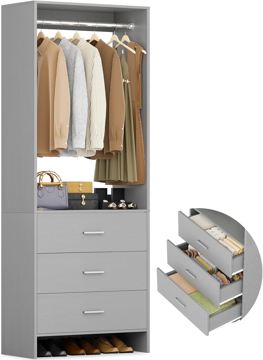 Homieasy 2FT Closet System with 3 Drawers, 24’’ Closet Organizer, Wood ...