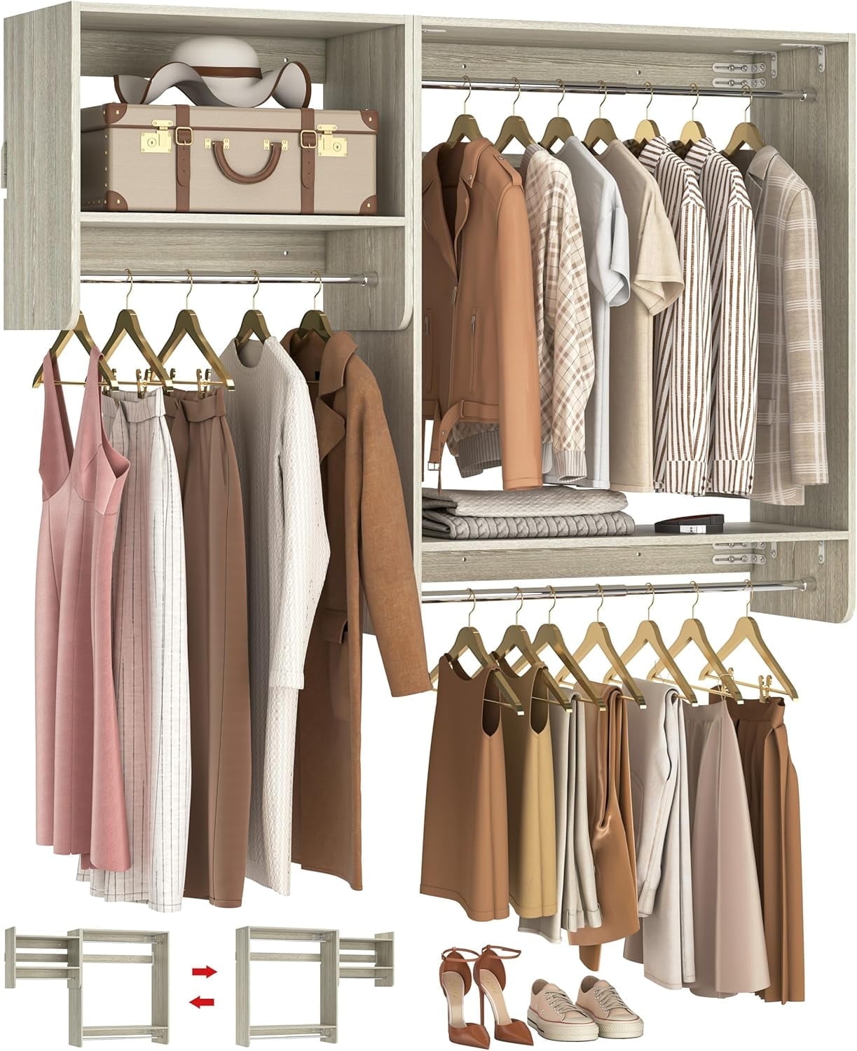 Homieasy 60” Closet System, 5FT Walk in Wood Clothing Rack with 3 ...
