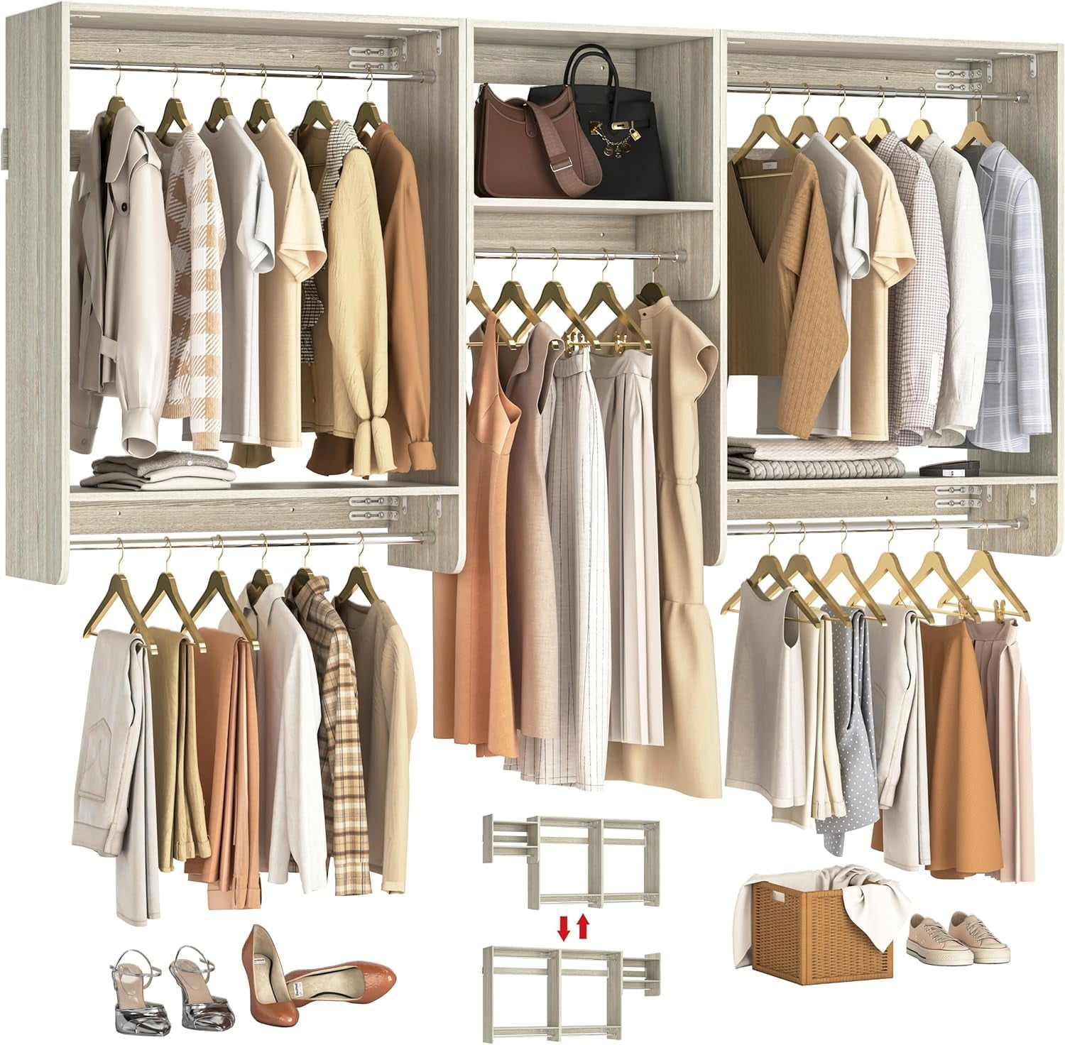 Homieasy 36" - 96" Wall Closet System with 5 Hanging Rods, Wall Mounted ...