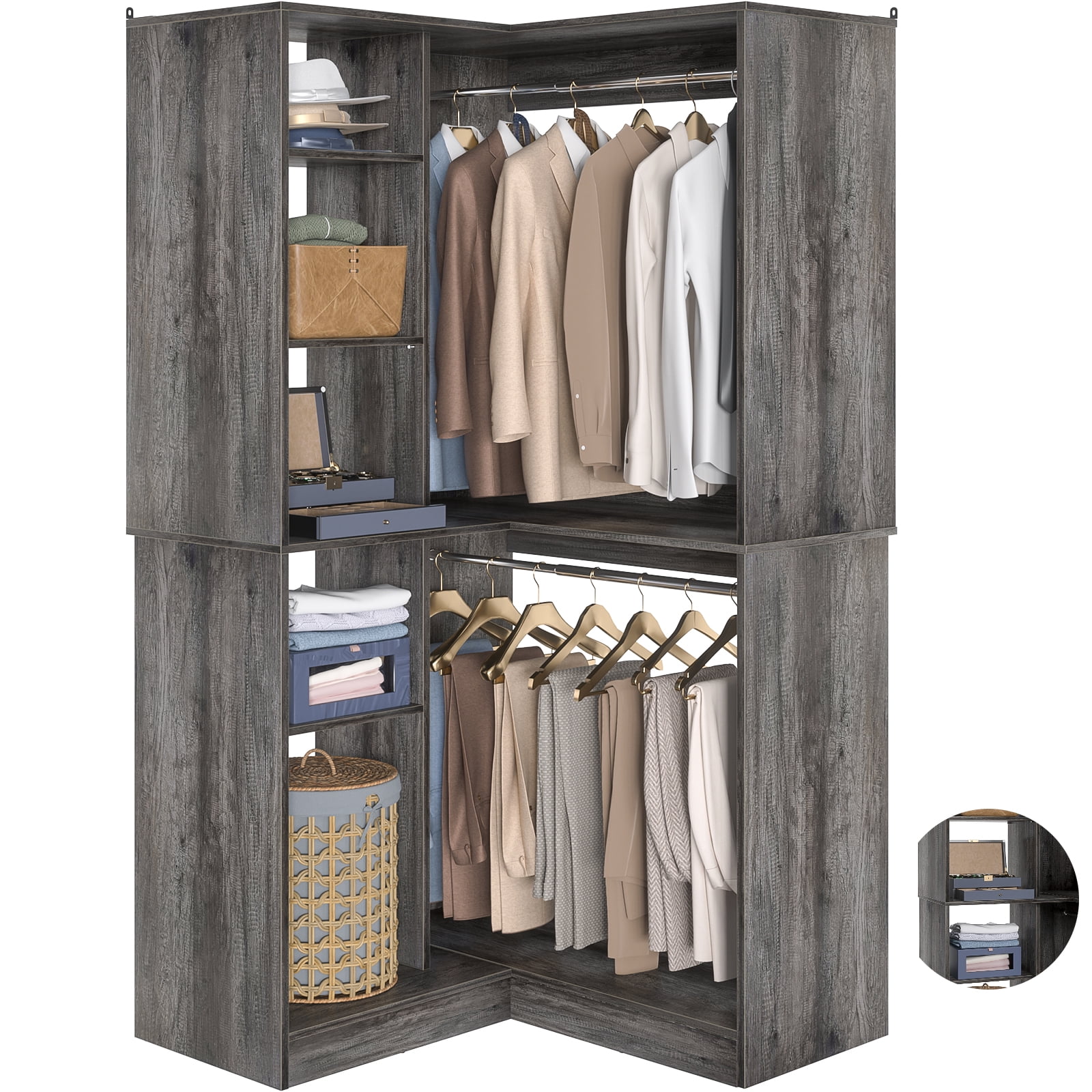 Homieasy 36" Corner Closet System - 2 Rods, Hutches, and 5 Shelves for ...