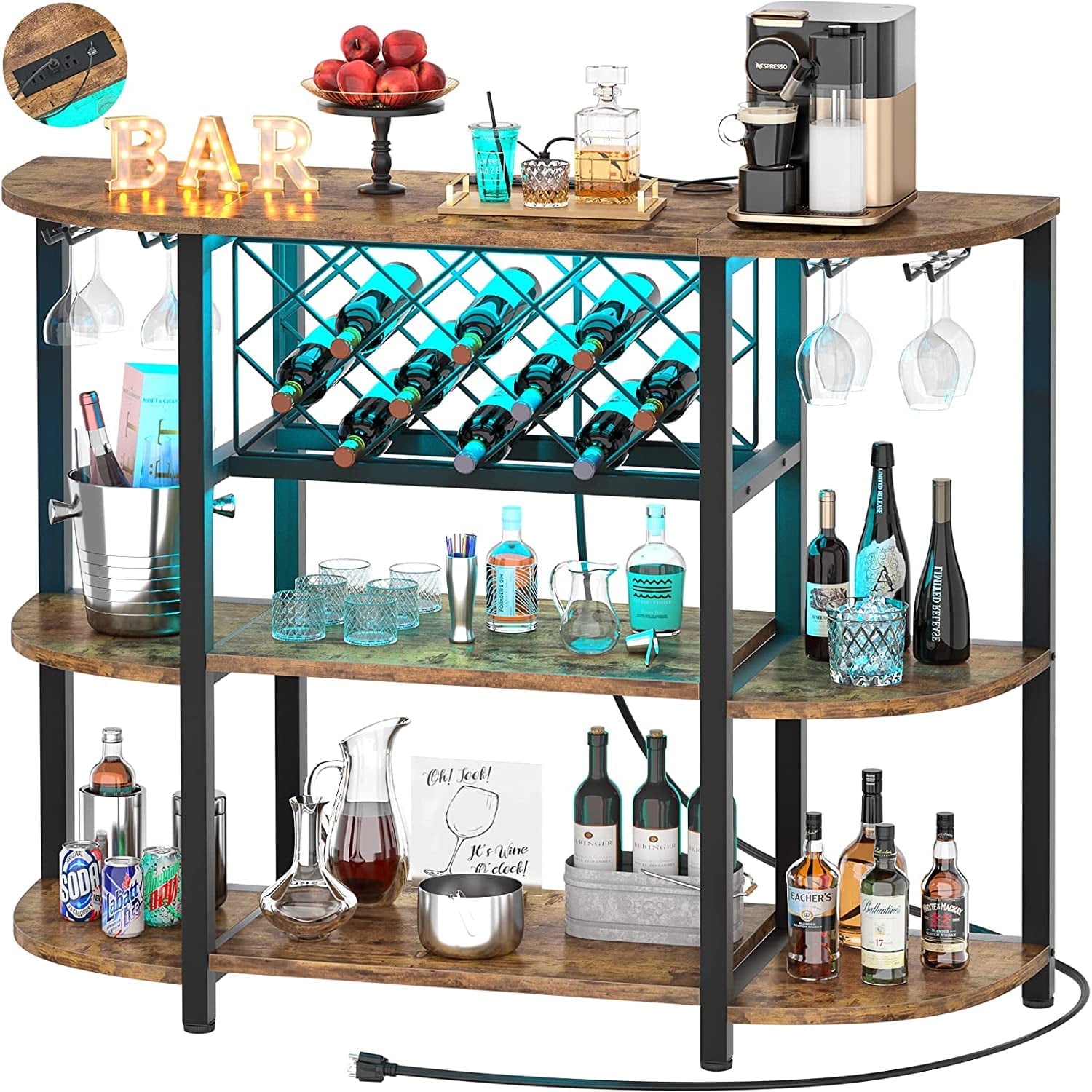 Homieasy 4-Tier Wine Bar Cabinet with Power Outlets & LED Lights, Floor ...
