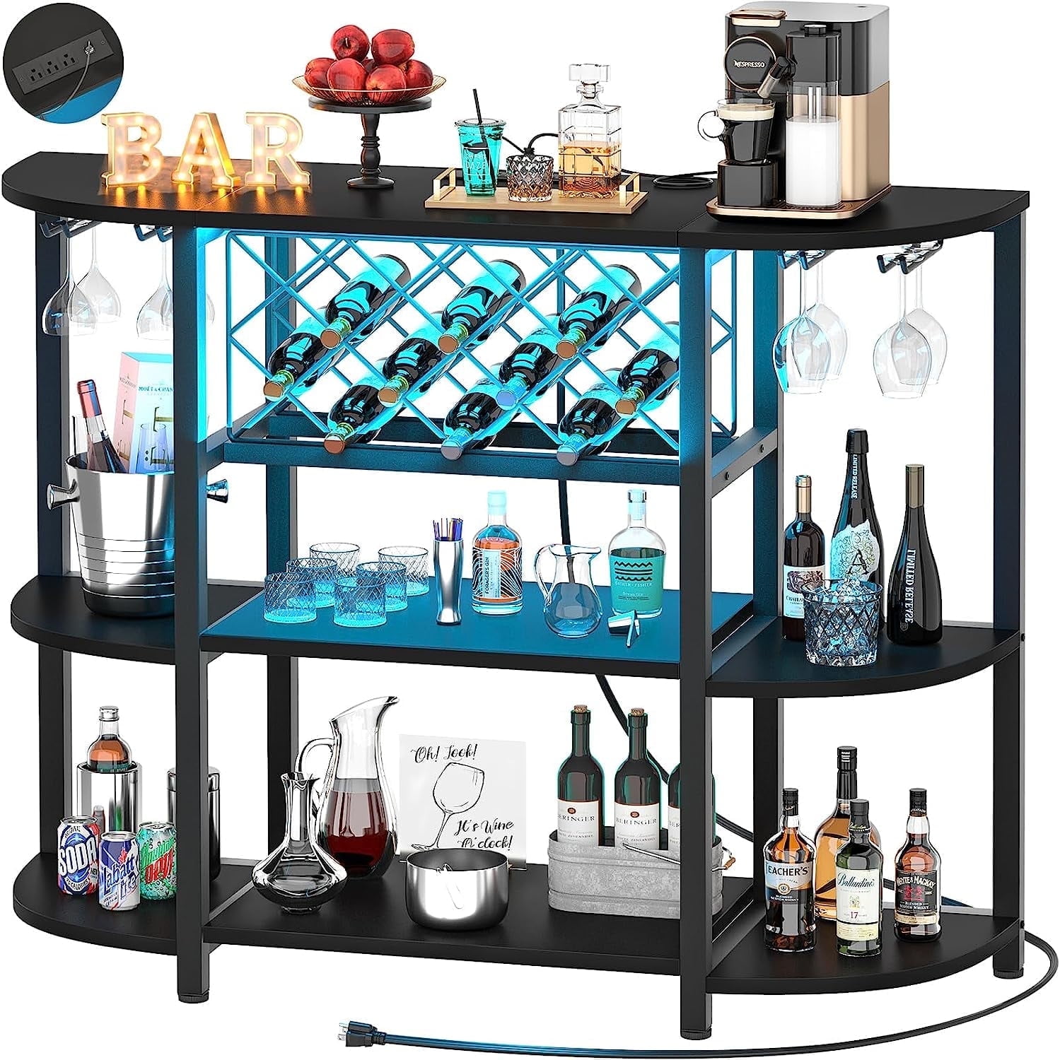 Homieasy 4-Tier Wine Bar Cabinet with Power Outlets & LED Lights, Floor ...